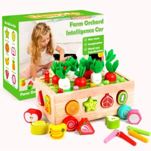 toddlers montessori wooden educational toys - baby sorting toys for 1 2 3 4 year old - shape & size matching fine motor skills game - farm orchard car birthday gifts for boys & girls