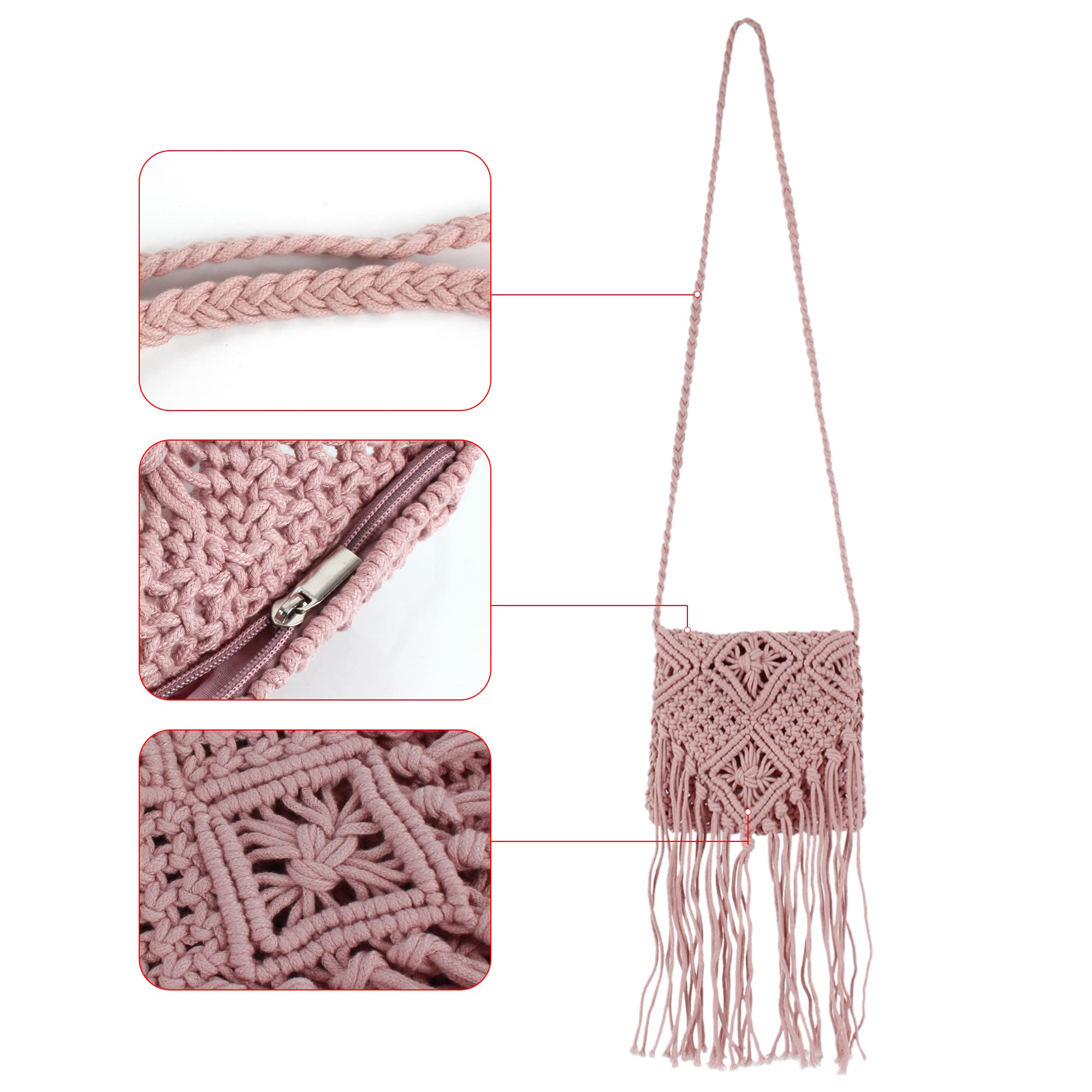 Meyaus Women Mini Fringed Cotton Crochet Cross-body Bag Bohemian Shoulder Bag Purse