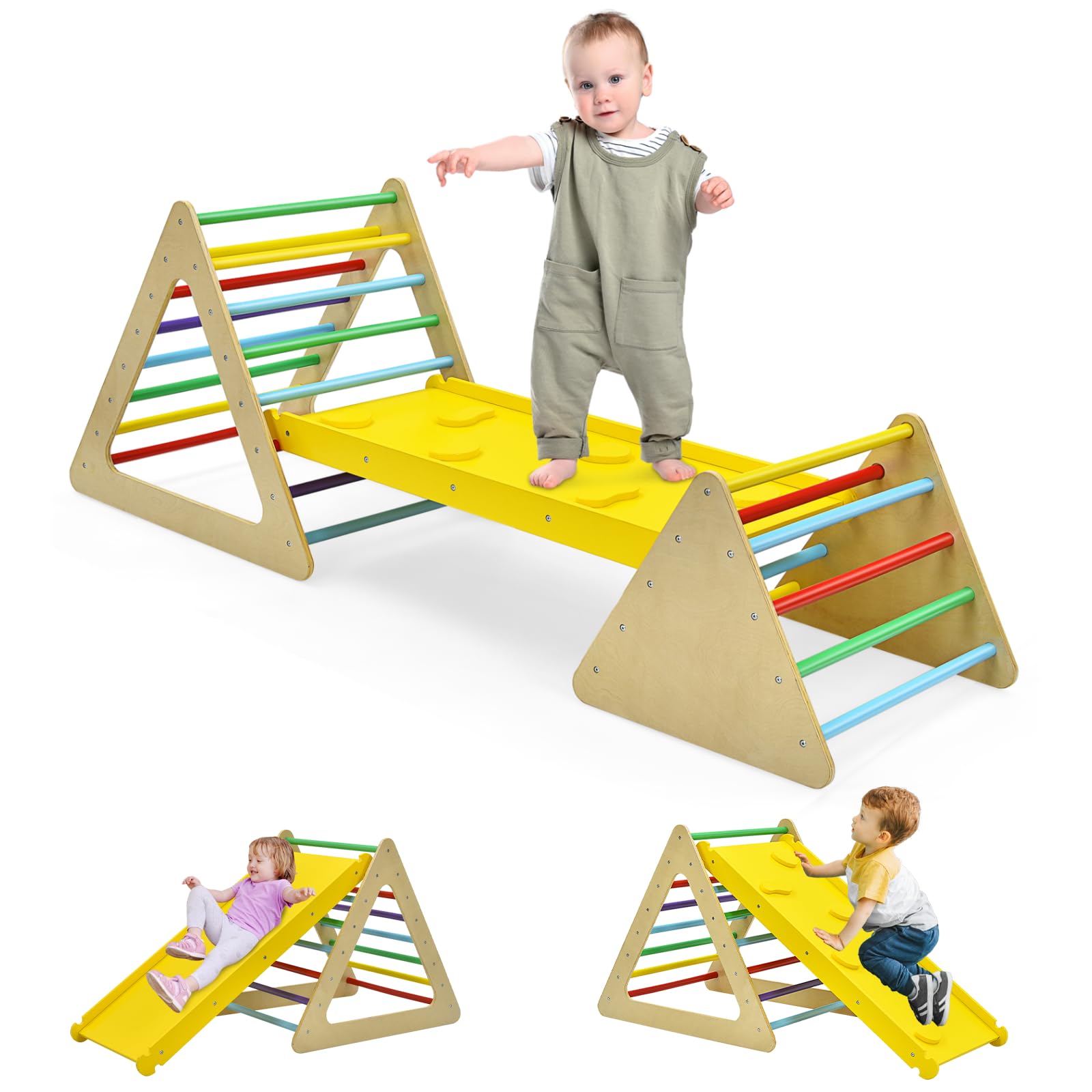 HONEY JOY 4 in 1 Triangle Climber with Ramp, Indoor Toddler Climbing Triangle Set with Ladder & Slide, 3-Piece Wooden Kids Climbing Toys for Playground, Gym & Daycare, Gift for Boys Girls