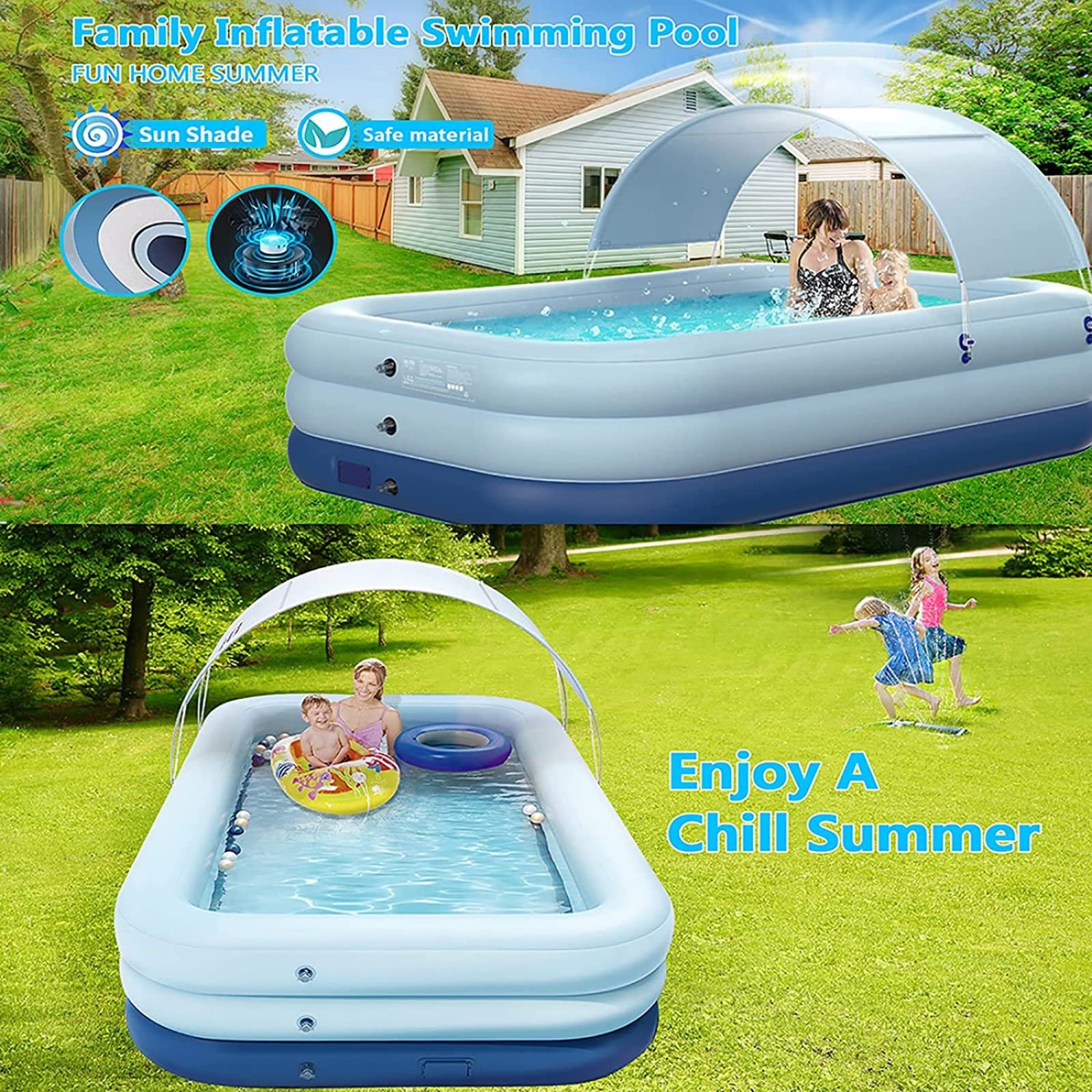 Inflatable Slide Pool Water Pool Slide Activity Center for Outdoor Swimming Pool Suitable for Over 3 Years Old,Blue-3M