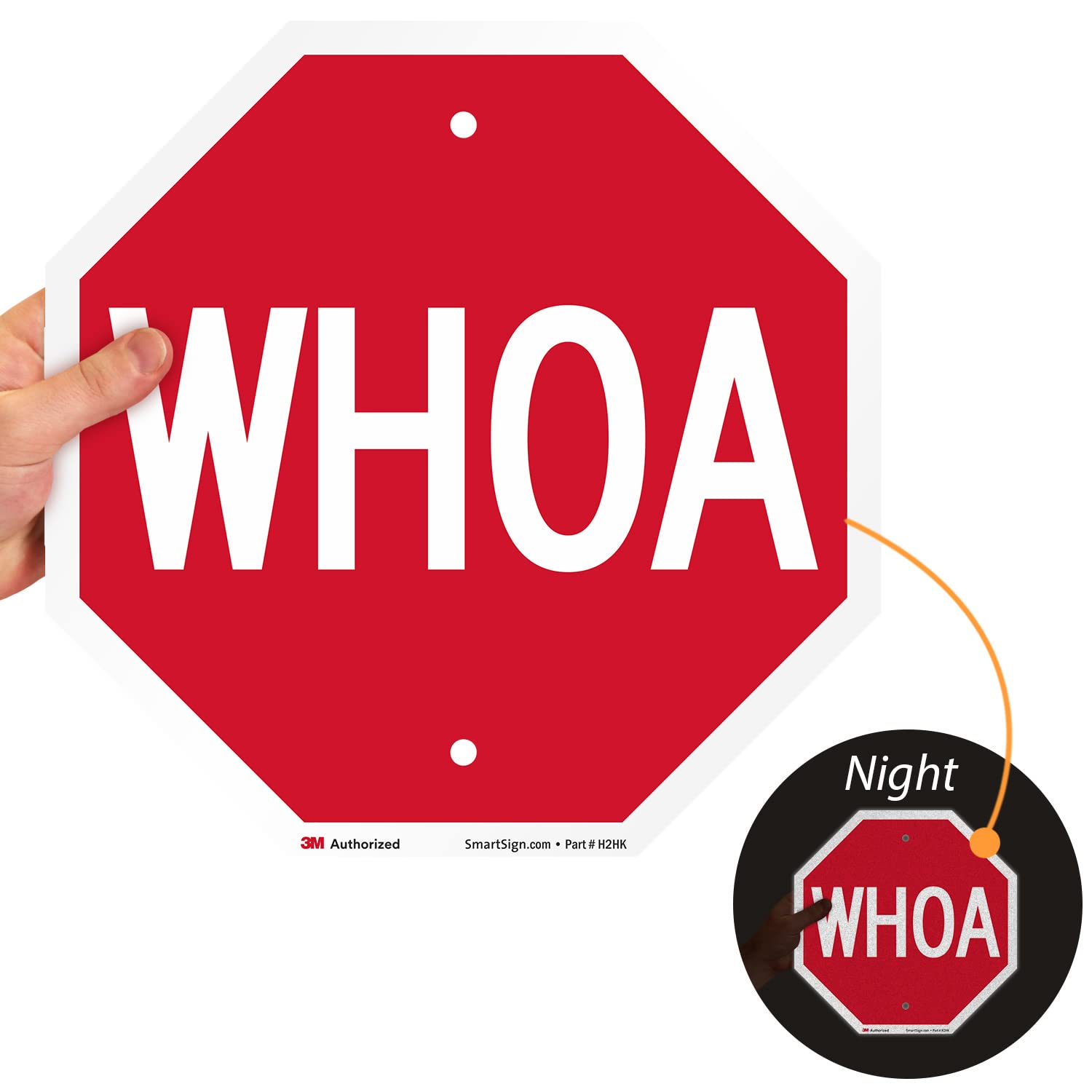 SmartSign 12 inch “WHOA” Novelty/Funny Metal Sign, STOP-Shape, 63 mil Aluminum, 3M Laminated Engineer Grade Reflective Material, Red and White, Made in USA