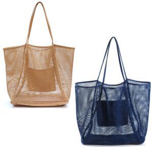 mesh beach tote womens shoulder handbag (tan, navy)