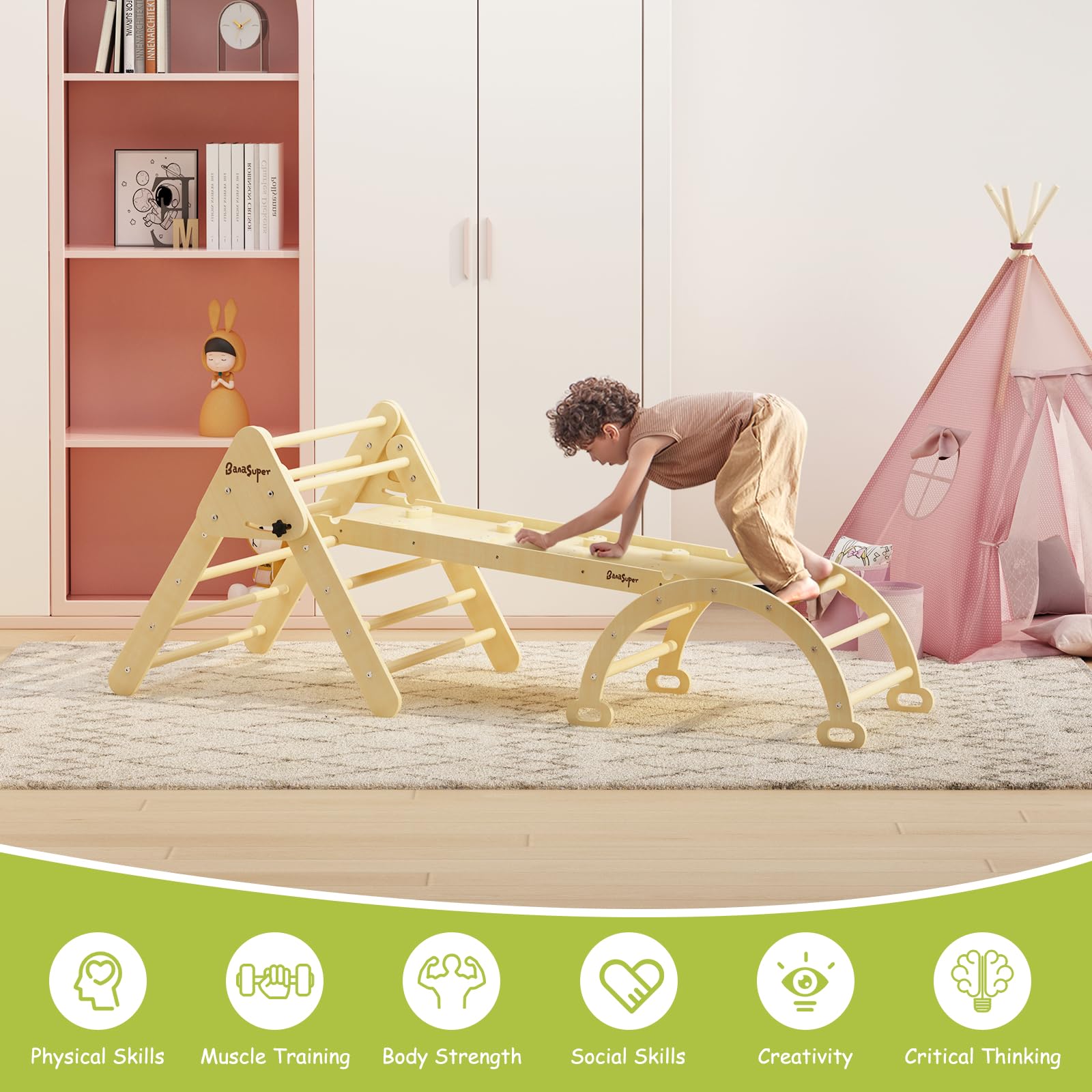 BanaSuper 3 in 1 Climbing Triangle Ladder with Ramp & Arch Foldable Wooden Climbing Triangle Set Montessori Climbing Toys for Baby Ourdoor Indoor Playground Play Gym Gift for Boys Girls