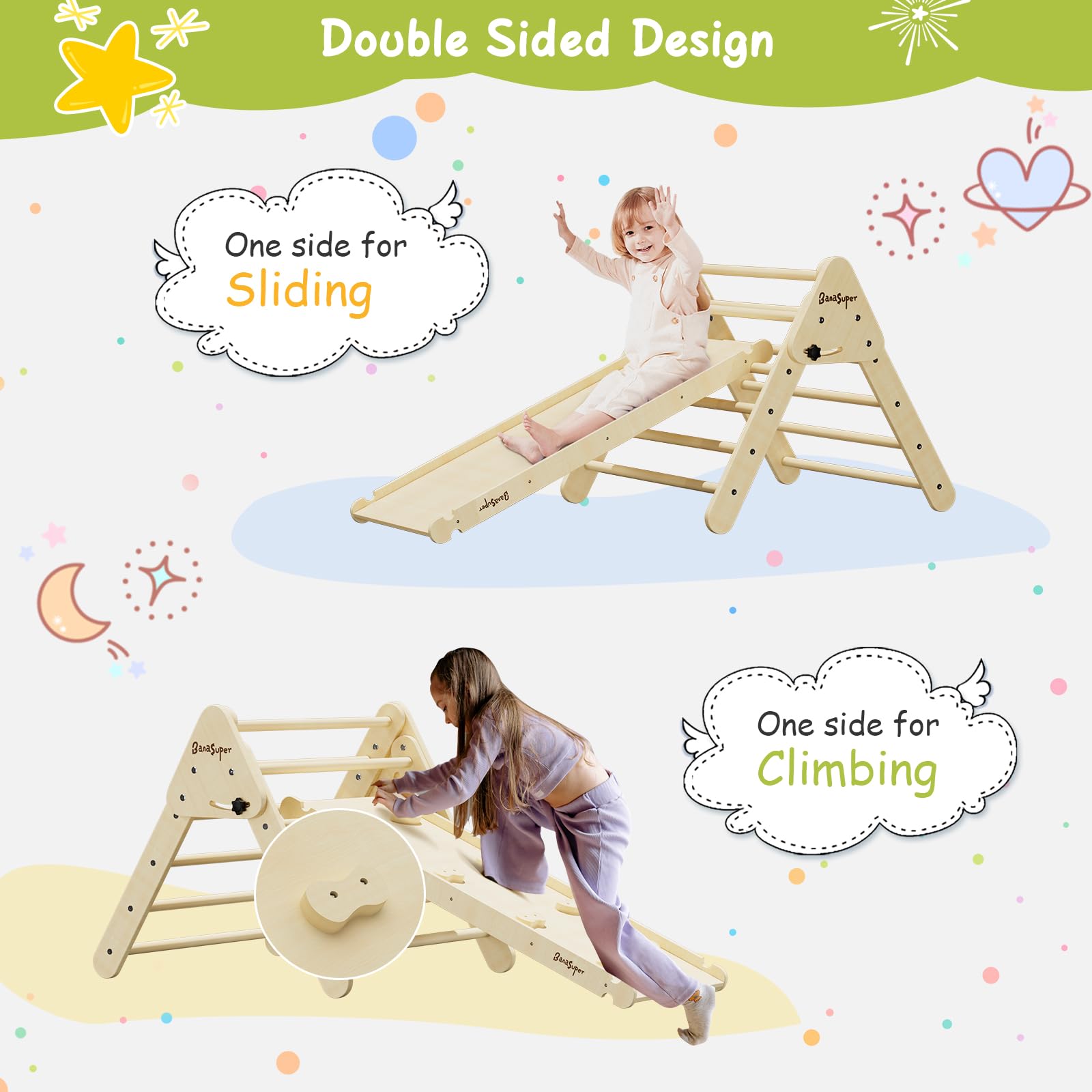 BanaSuper 3 in 1 Climbing Triangle Ladder with Ramp & Arch Foldable Wooden Climbing Triangle Set Montessori Climbing Toys for Baby Ourdoor Indoor Playground Play Gym Gift for Boys Girls