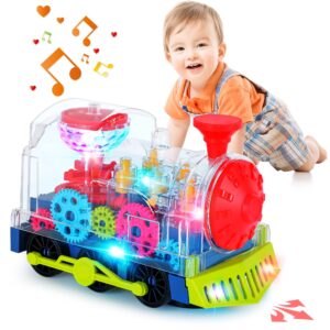 light up transparent train toys,interactive autism sensory toys with colorful moving gears, music,and led effects,fun educational toy for boys girls