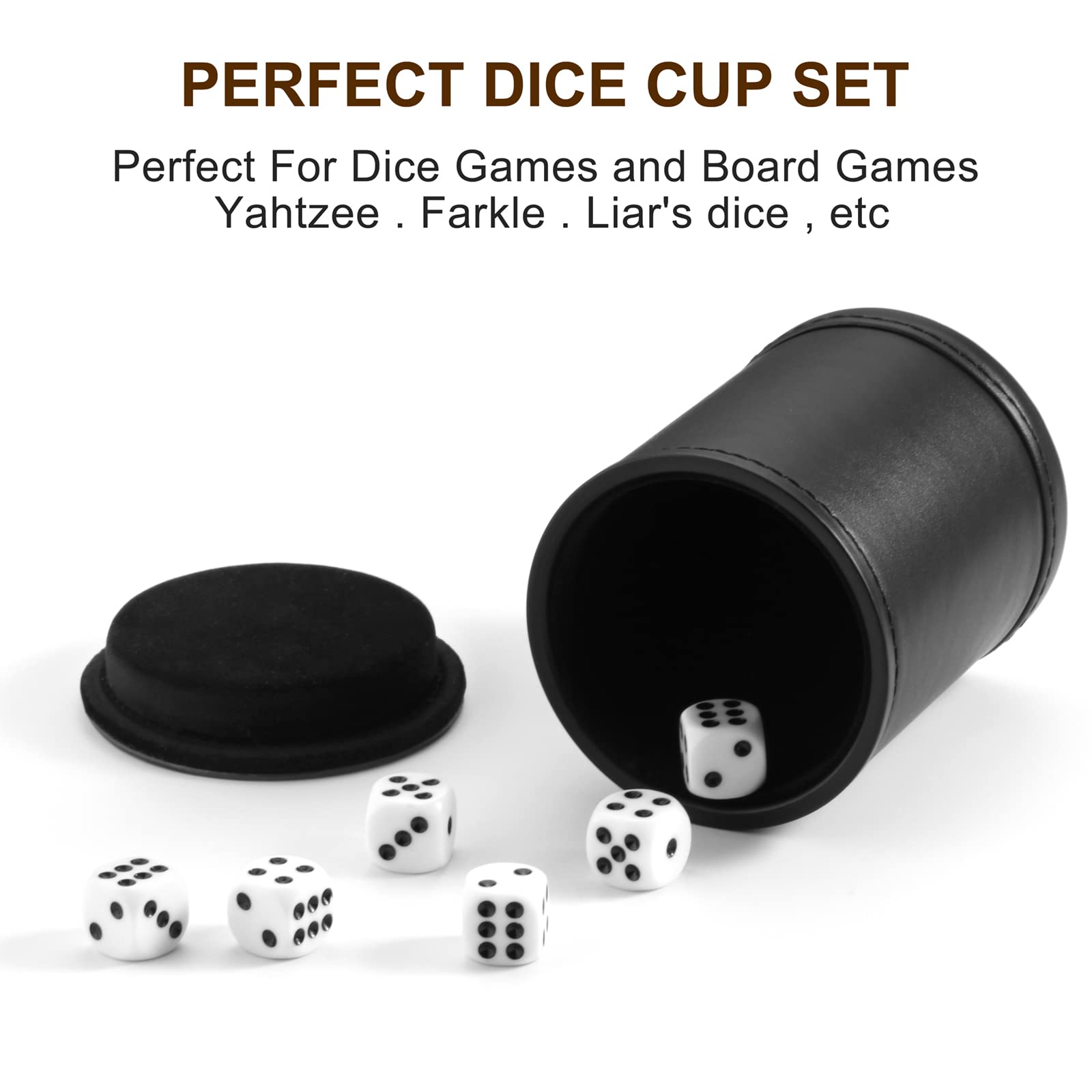 Hloyacc Felt Lined Dice Cup PU Leather Set, Quiet Shaker for Dice Board Family Games Yahtzee Farkle, Set of Six 16mm Rolling Dice Included