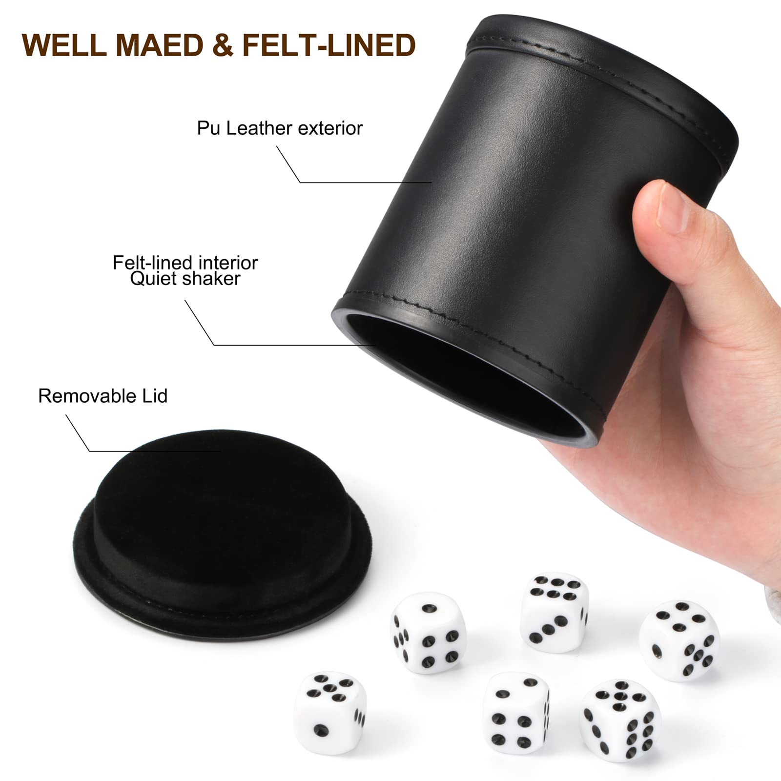 Hloyacc Felt Lined Dice Cup PU Leather Set, Quiet Shaker for Dice Board Family Games Yahtzee Farkle, Set of Six 16mm Rolling Dice Included