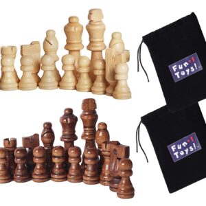 Fun+1 Toys! 32 Count Wooden Chess Pieces Only with Storage Bags - Staunton Style Wood Chess Pieces for Chess Tournament. Compatible with Any Chess Set, Contains King, Queen and Other Chessmens