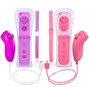 dliaonew 2 psck remote controller build in motion plus and nunchuck for wii/wii u, gamepad with silicone case and wrist (purple and pink)