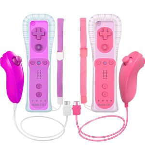 Dliaonew 2 Psck Remote Controller Build in Motion Plus and Nunchuck for Wii/Wii U, Gamepad with Silicone Case and Wrist (Purple and Pink)