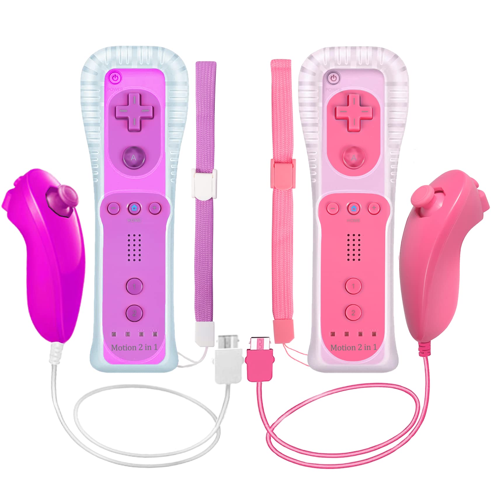 Dliaonew 2 Psck Remote Controller Build in Motion Plus and Nunchuck for Wii/Wii U, Gamepad with Silicone Case and Wrist (Purple and Pink)