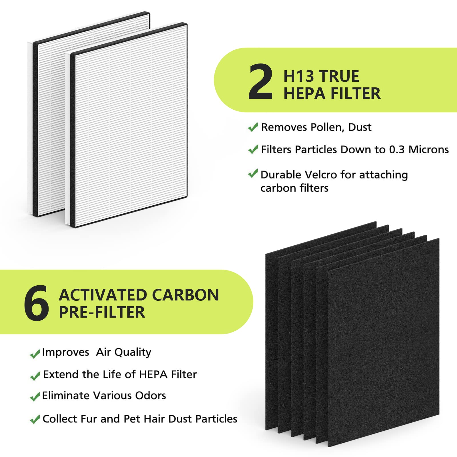 FMDZFL MD1-0022 Replacement Filter, 2 True HEPA Filter MD1-0022+ 6 Activated Carbon Pre-Filter MD1-0023, Compatible with Vornado Models AC300, AC350, AC500, AC550, PCO200, PCO300, PCO375DC, PCO500.