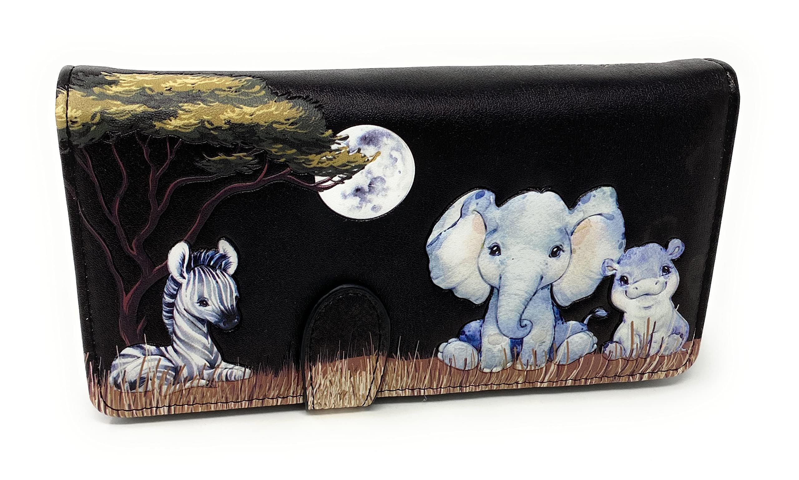 Shag Wear Babies of Africa Large Animal Safari Wallet for Women and Teen Girls Vegan Faux Leather 7" Black