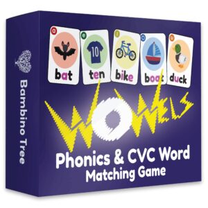 the bambino tree wowels phonics and vowel sounds card game - learn to read kindergarten 1st 2nd grade learning - short vowel cvc words and long vowel matching game 2-8 players