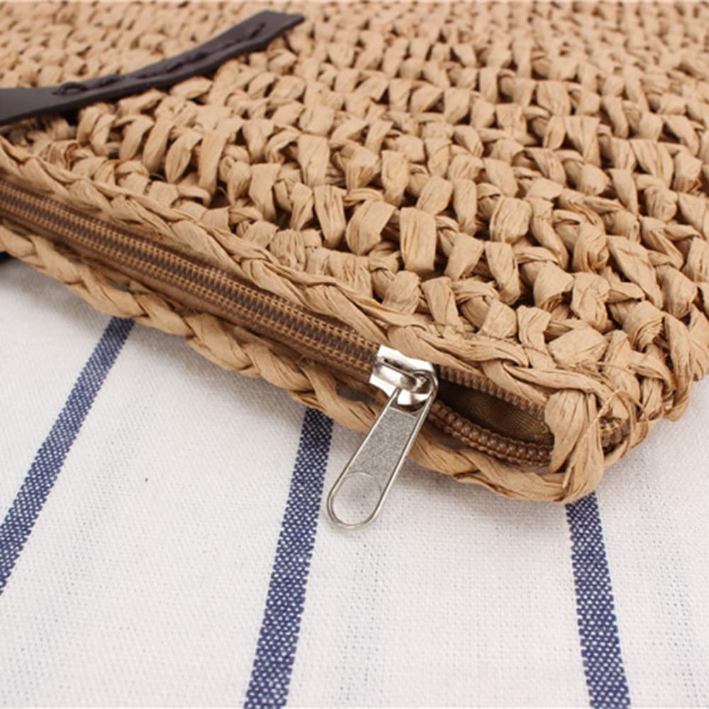 Straw Beach Bag with Zipper Large Woven Summer Boho Tote Handbag Rattan Wicker Purse for Shopping Summer Vacation (R)