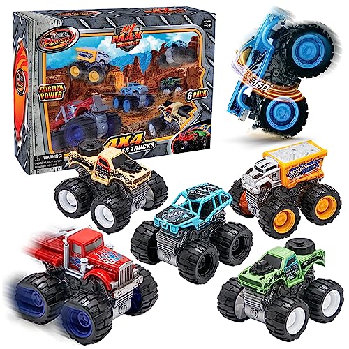 Team Power Monster Trucks Toys for Boys and Girls, 4-Wheel Drive Friction Powered 6-Pack Push and Go Toy Cars with Giant Wheels, 360° Crazy Stunts, Age 3, 4-7 and Above [Amazon Exclusive] (6 Pack)