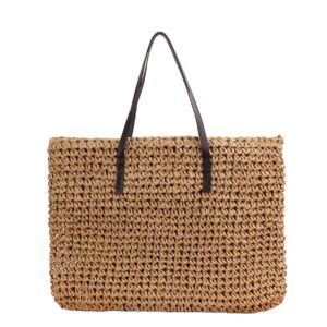 straw beach bag with zipper large woven summer boho tote handbag rattan wicker purse for shopping summer vacation (r)