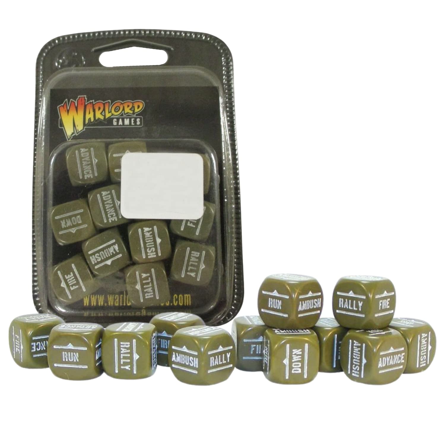 Wargames Delivered – Bolt Action Dice Orders D6 pack of 12 with Olive Drab Color and Actions Inscribed with White – Miniature Wargame Dice by Warlord Games (Olive Drab)