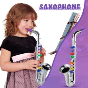 Set of 3 Saxophone for Kids Musical Instruments Toy Saxophone Toy Trumpet and Toy Clarinet with 8 Colored Coded Keys Teaching Songs for Toddlers Children (Silver)