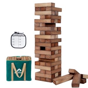 apudarmis giant tumble tower (stack from 2ft to over 4.2ft), 54 pcs pine wooden stacking timber game with 1 dice set - classic block giant outdoor game for teens adults family(brown)