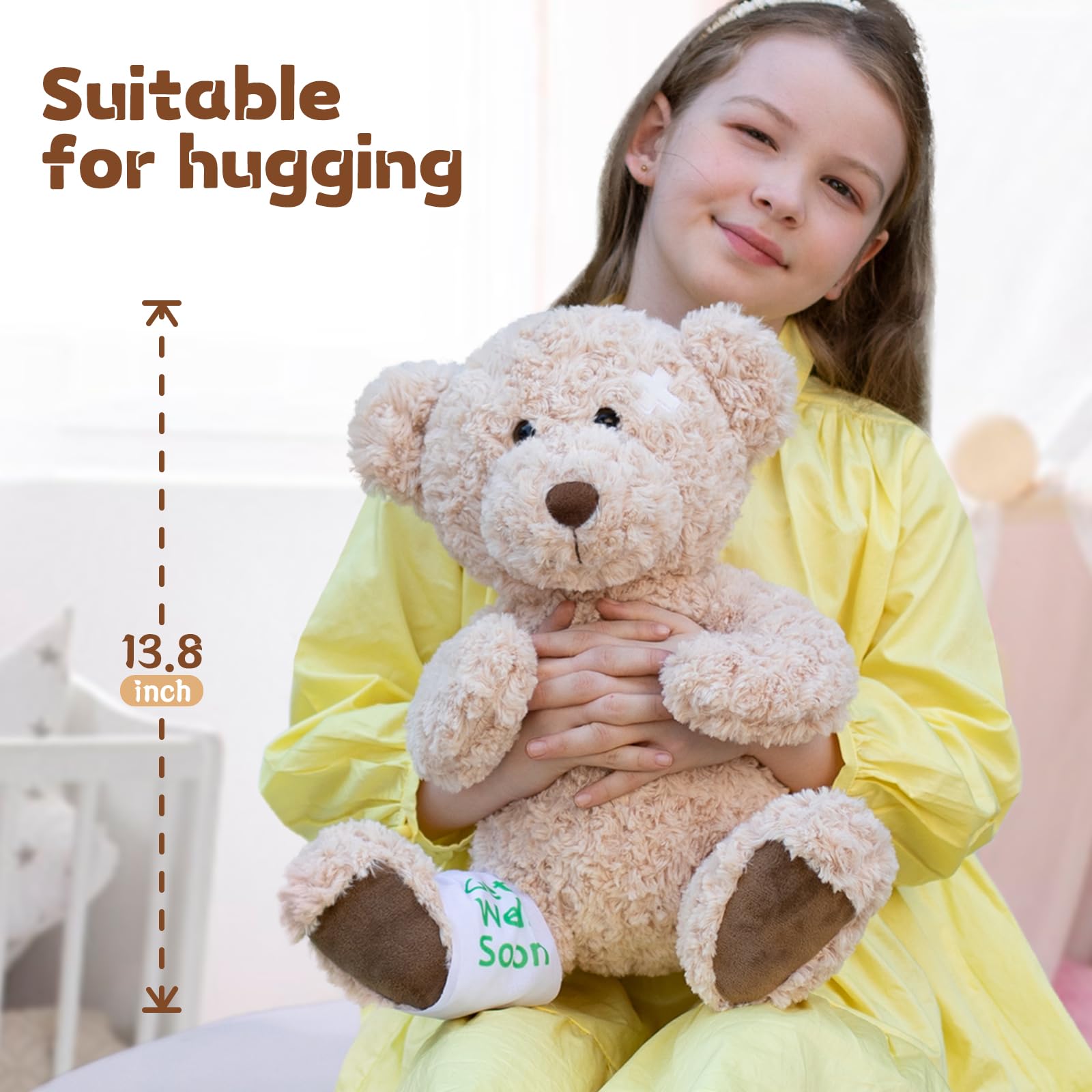 Muiteiur Get Well Soon Teddy Bear Stuffed Animal Get Well Soon Gifts for Kids Adult After Surgery Broken Leg Teddy Bear Feel Better Bear,Brown