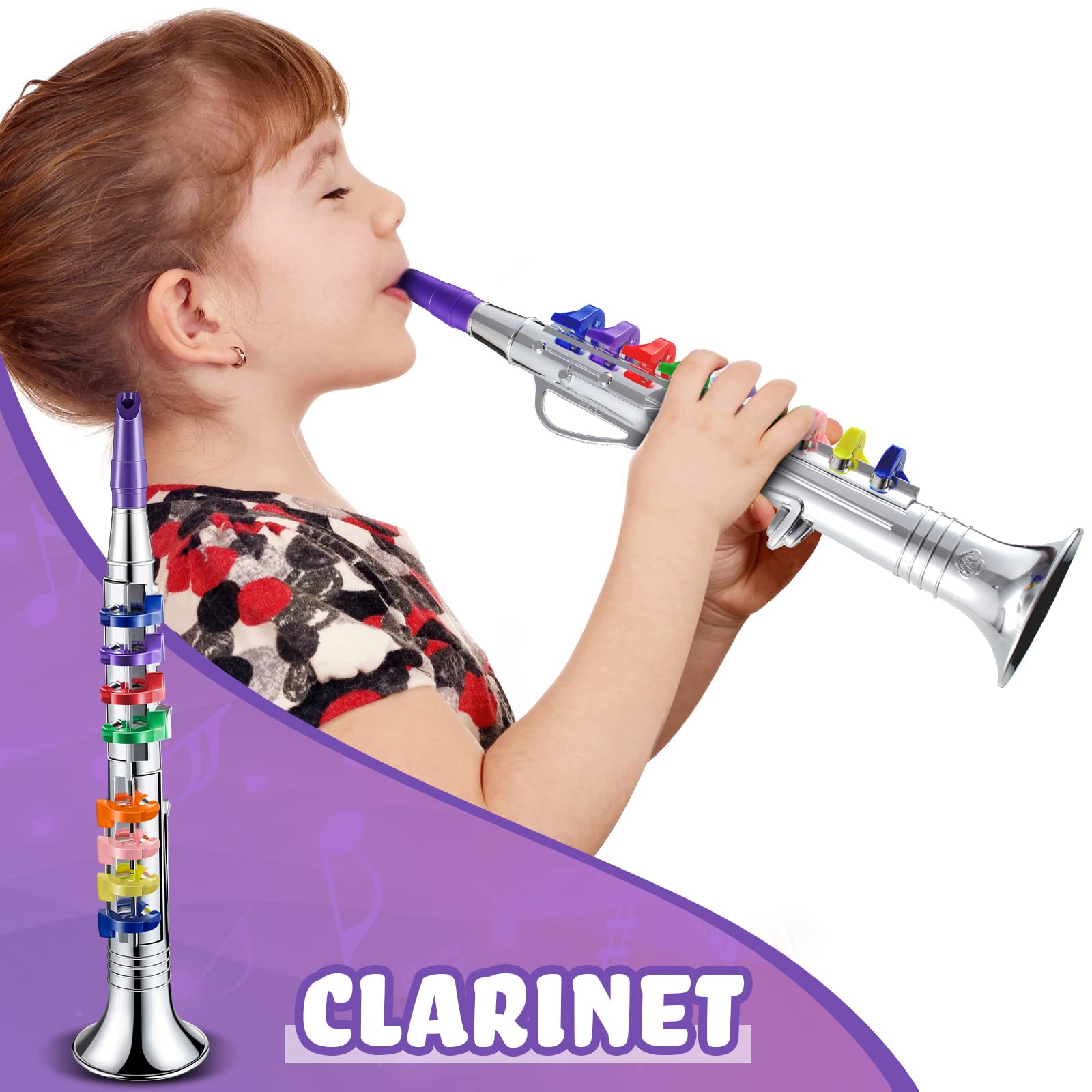 Set of 3 Saxophone for Kids Musical Instruments Toy Saxophone Toy Trumpet and Toy Clarinet with 8 Colored Coded Keys Teaching Songs for Toddlers Children (Silver)