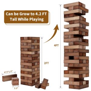 ApudArmis Giant Tumble Tower (Stack from 2Ft to Over 4.2Ft), 54 PCS Pine Wooden Stacking Timber Game with 1 Dice Set - Classic Block Giant Outdoor Game for Teens Adults Family(Brown)