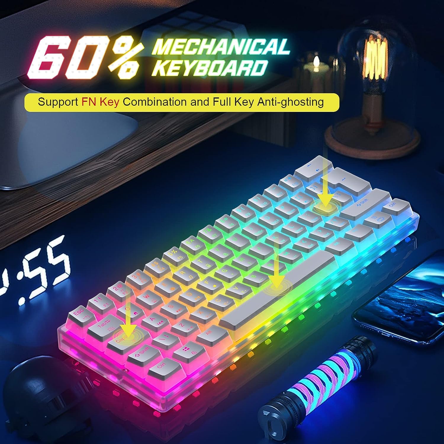 MAGIC-REFINER MK21 60% Mechanical Keyboard,Hot Swappable Outemu Red Switch,19 RGB Backlit Wired Compact Gaming Keyboard with Pudding Keycaps,Driver/Software Supports for PC Xbox one PS4 PS5