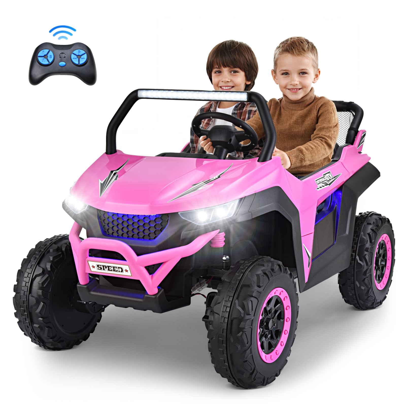 Joywhale 24V 2 Seater Kids Ride on UTV Car Powerful Electric Vehicle, with 4x75W Strong Motors, Big Battery, Easy-Drag System, 2.4G Remote Control, Soft Braking, Spring Suspension, Music, BW-U20