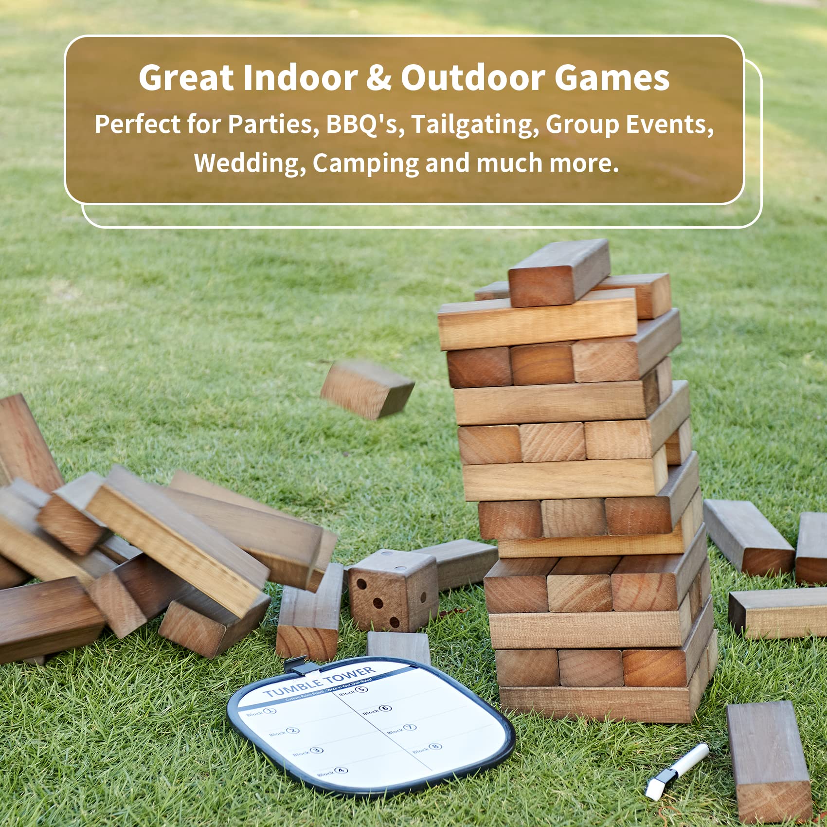 ApudArmis Giant Tumble Tower (Stack from 2Ft to Over 4.2Ft), 54 PCS Pine Wooden Stacking Timber Game with 1 Dice Set - Classic Block Giant Outdoor Game for Teens Adults Family(Brown)