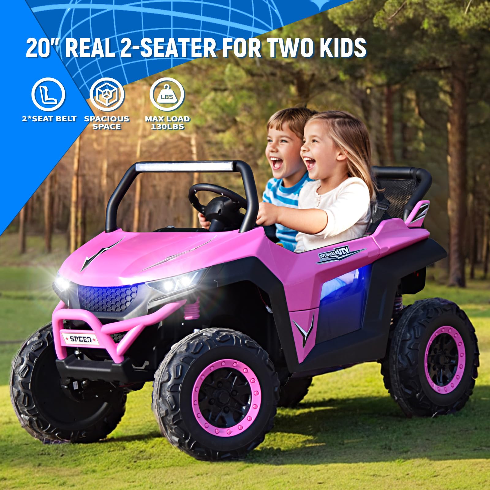 Joywhale 24V 2 Seater Kids Ride on UTV Car Powerful Electric Vehicle, with 4x75W Strong Motors, Big Battery, Easy-Drag System, 2.4G Remote Control, Soft Braking, Spring Suspension, Music, BW-U20