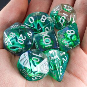 Sea Green Dragon Eye DND Dice Set for Dungeons and Dragons Gifts, D&D, D and D, Pathfinder, Accessories, D20, Polyhedral, Resin Dice, Metal, Dice Tray, Tower, Bag, Box