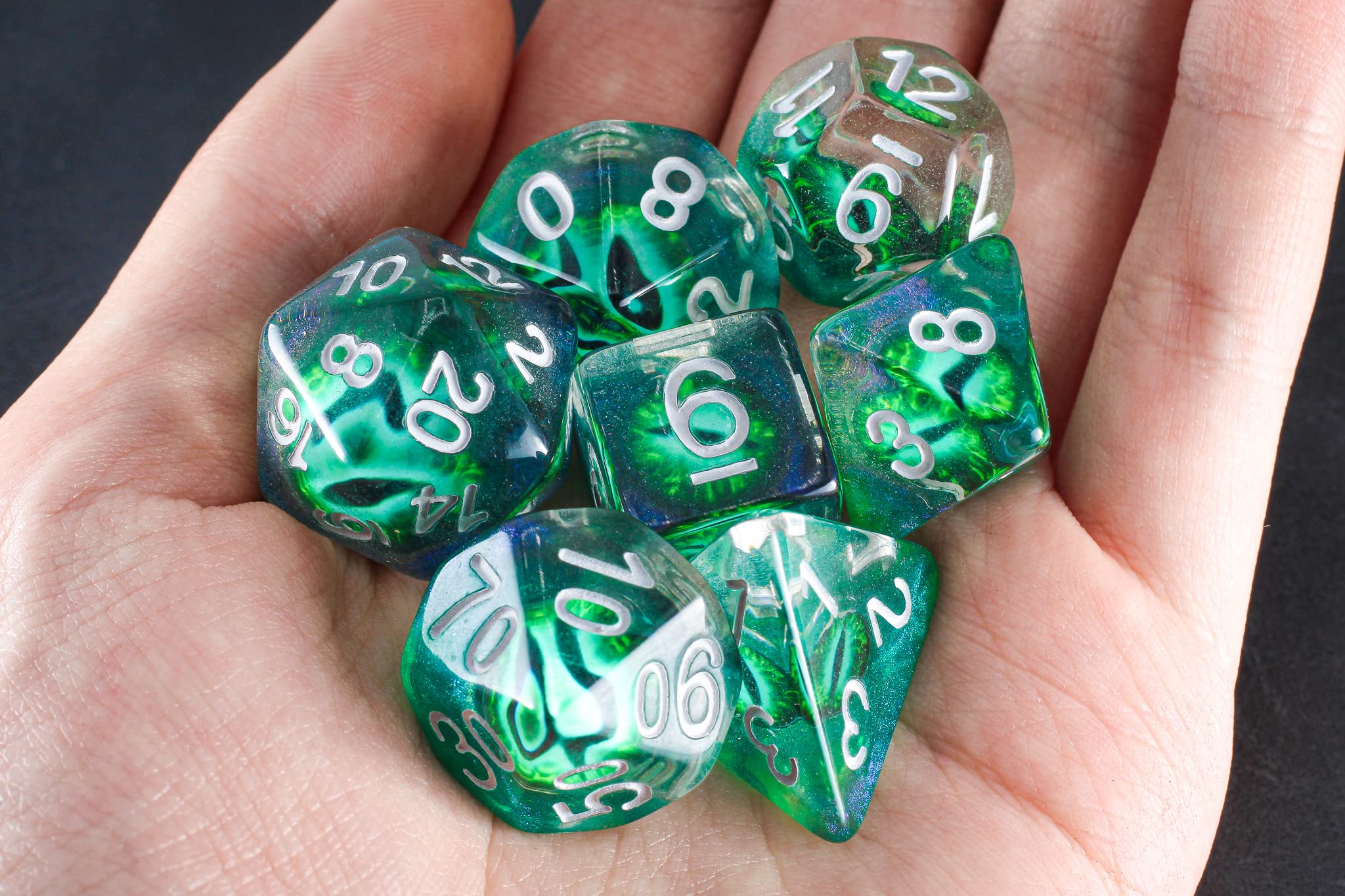 Sea Green Dragon Eye DND Dice Set for Dungeons and Dragons Gifts, D&D, D and D, Pathfinder, Accessories, D20, Polyhedral, Resin Dice, Metal, Dice Tray, Tower, Bag, Box