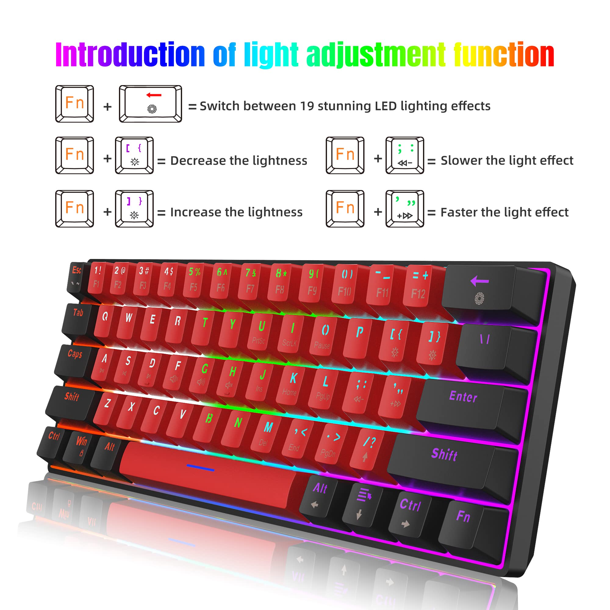 Snpurdiri 60% Wired Mechanical Keyboard, Mini Gaming Keyboard with 61 Red Switches Keys for PC, Windows XP, Win 7, Win 10 (Black-Red, Red Switches)