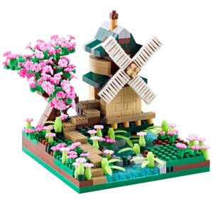 jxrlmb architecture river windmill tree cute micro mini building blocks sets trees flowers for girls, idea cherry blossom present toy model kit 600+ pcs