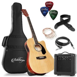 ashthorpe full-size thinline cutaway acoustic electric guitar package with 10 watt amp - natural