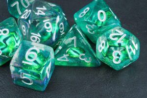 sea green dragon eye dnd dice set for dungeons and dragons gifts, d&d, d and d, pathfinder, accessories, d20, polyhedral, resin dice, metal, dice tray, tower, bag, box