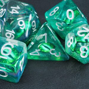 Sea Green Dragon Eye DND Dice Set for Dungeons and Dragons Gifts, D&D, D and D, Pathfinder, Accessories, D20, Polyhedral, Resin Dice, Metal, Dice Tray, Tower, Bag, Box