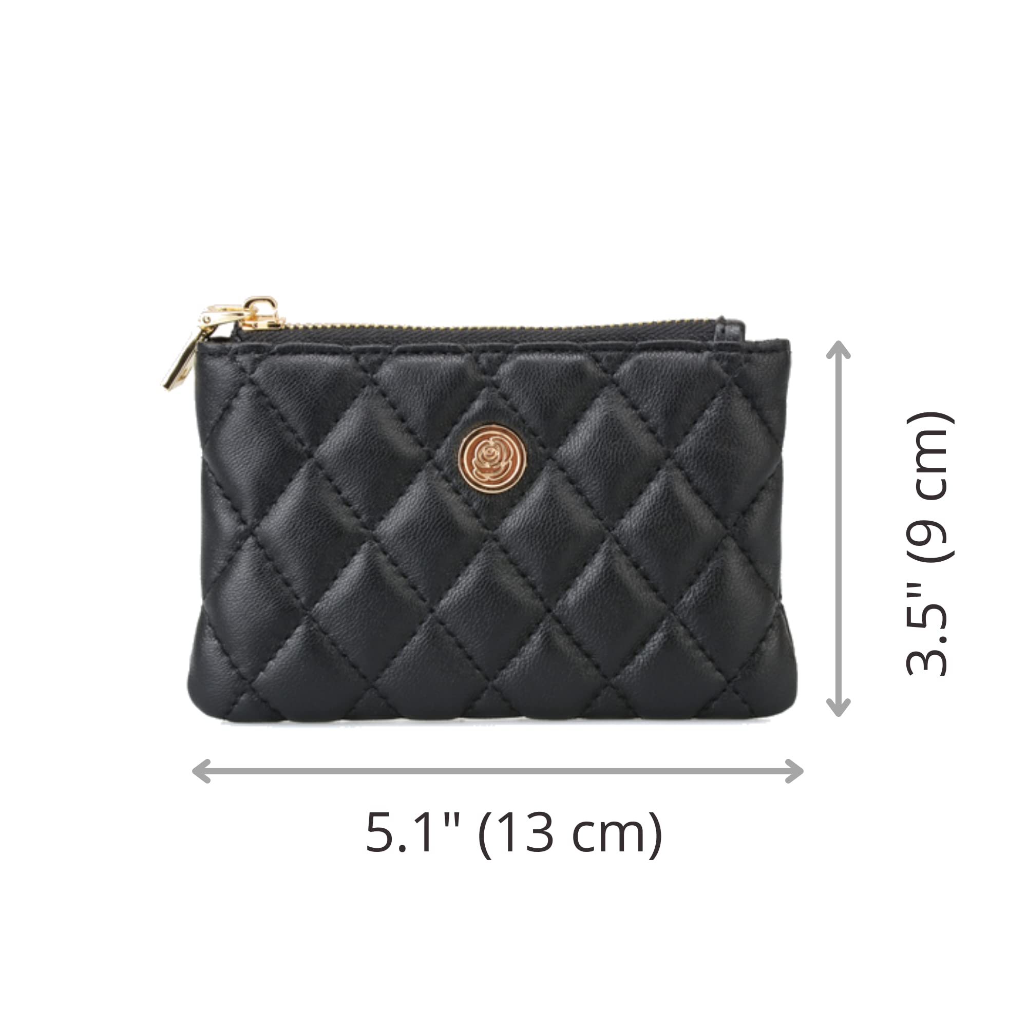 PEONY SUPREME Luxury Black Quilted Leather Coin Purse Card Holder Wallet Credit Small Compact Business with Keyring Gift for Women Girl