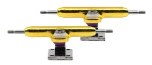 teak tuning prodigy pro inverted fingerboard trucks with gold colored locknuts & urethane tuning, gold colorway - 34mm width - inverted kingpin, solid axle style - tuned & assembled