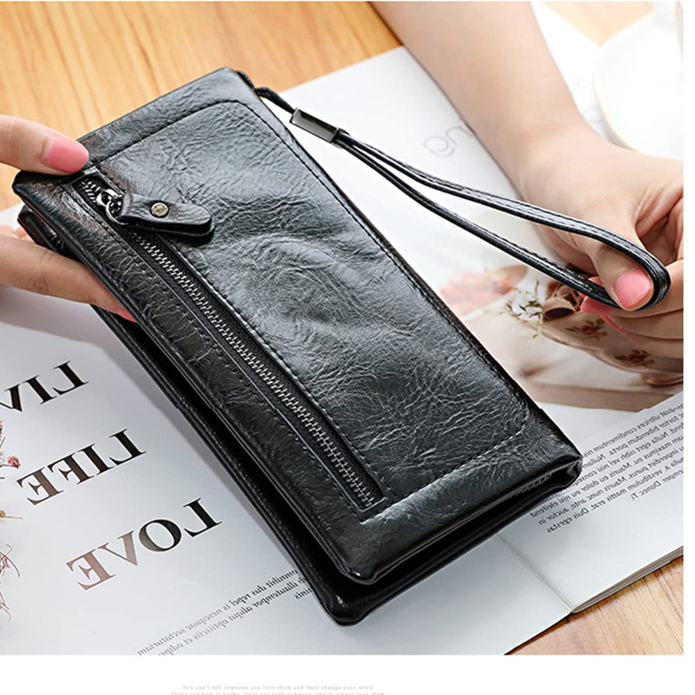 CornerLife Women Zipper Wallets with Wristlet Large Capacity Long Wallet Clutch Checkbook Purse Wallet Oil Wax PU Leather Ladies Wallets (Black)