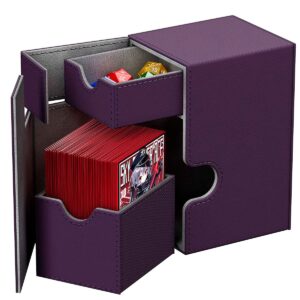 scimi deck box for trading card games, mtg commander deck box comtains 100 double sleeved cards, leather card storage case fits tcg ccg cards (purple)