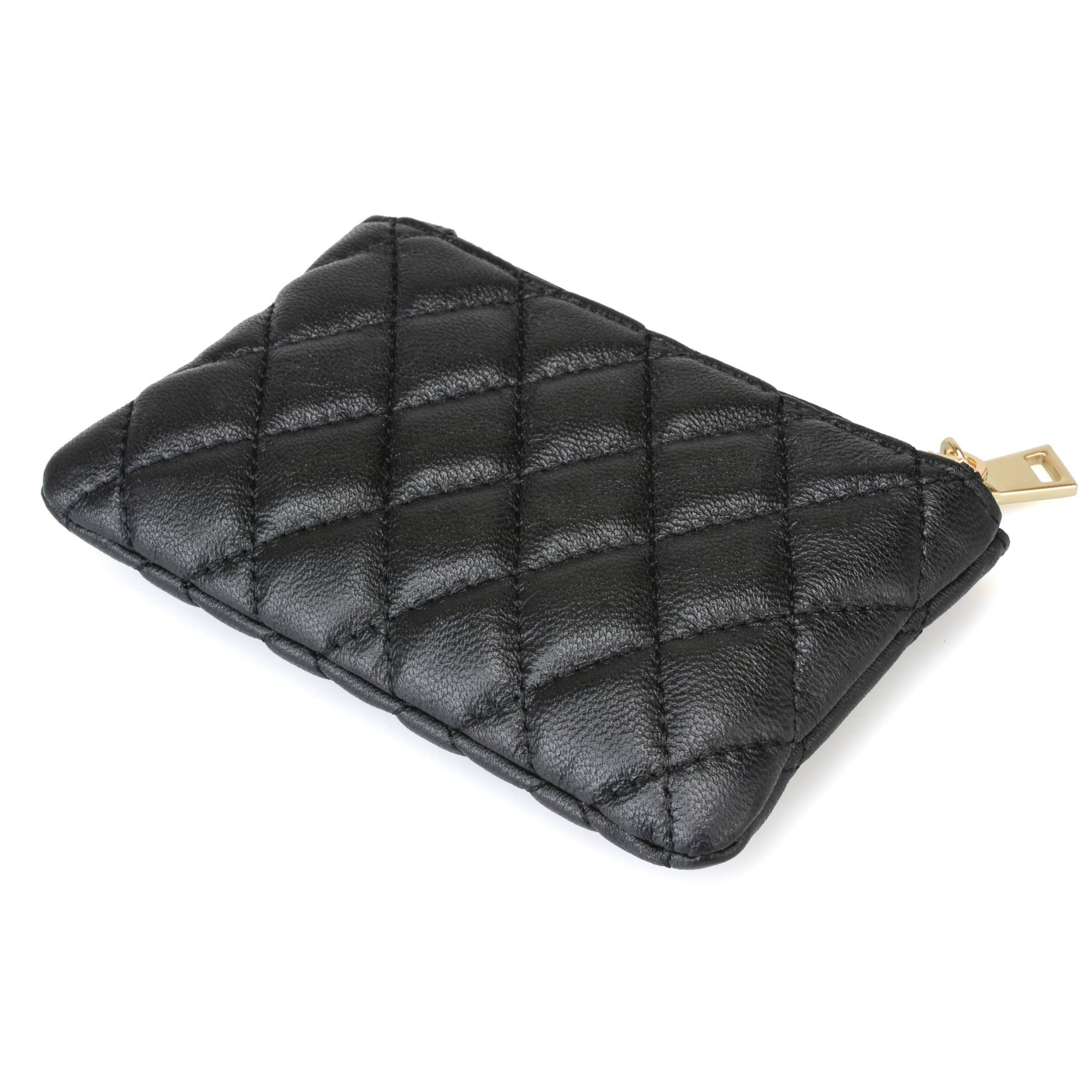 PEONY SUPREME Luxury Black Quilted Leather Coin Purse Card Holder Wallet Credit Small Compact Business with Keyring Gift for Women Girl