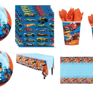 Hot Wheels Wild Racer Birthday Party Supplies Bundle Pack for 16 includes Dessert Plates, Napkins, Cups, Table Cover