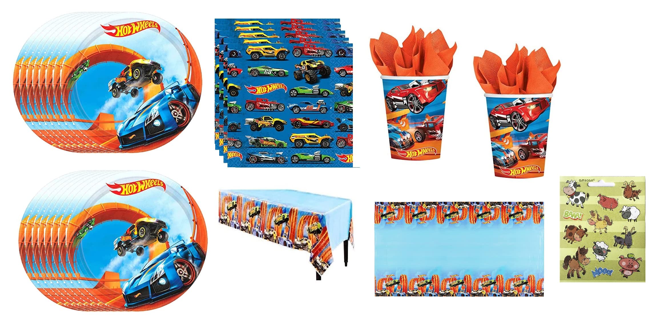 Hot Wheels Wild Racer Birthday Party Supplies Bundle Pack for 16 includes Dessert Plates, Napkins, Cups, Table Cover