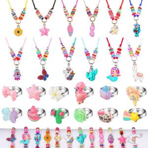 36 Pcs Kids Jewelry for Girls Adjustable Woven Friendship Bracelets Necklaces and Rings Set with Animal Mermaid Unicorn Butterfly Flower Pendants for Toddler Pretend Play Dress up Party Favor(Fresh)