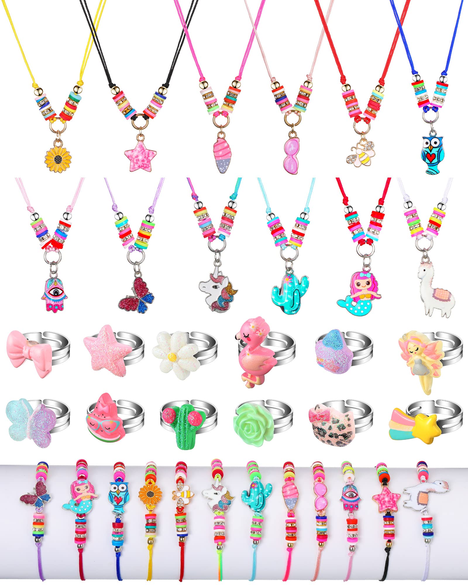 36 Pcs Kids Jewelry for Girls Adjustable Woven Friendship Bracelets Necklaces and Rings Set with Animal Mermaid Unicorn Butterfly Flower Pendants for Toddler Pretend Play Dress up Party Favor(Fresh)