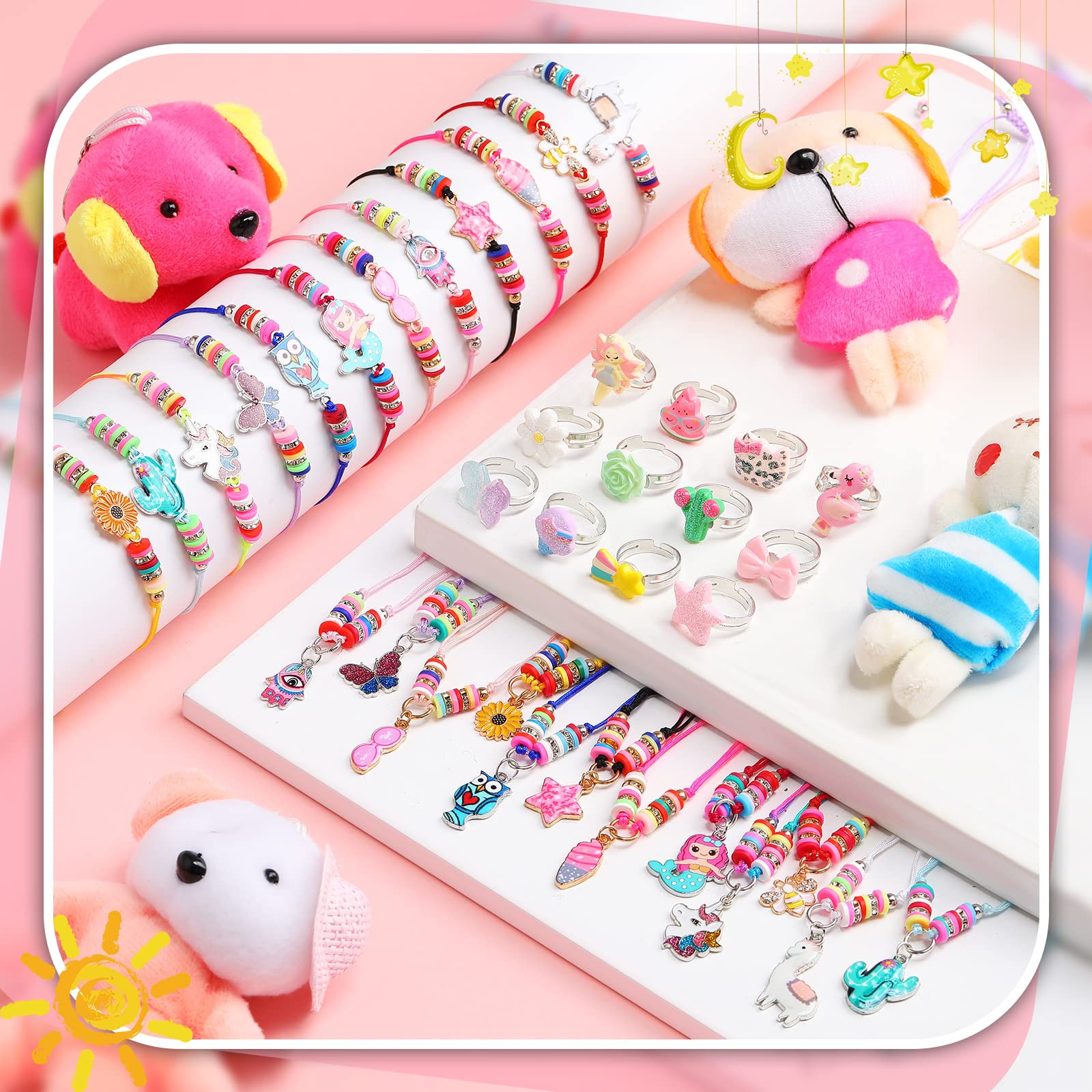 36 Pcs Kids Jewelry for Girls Adjustable Woven Friendship Bracelets Necklaces and Rings Set with Animal Mermaid Unicorn Butterfly Flower Pendants for Toddler Pretend Play Dress up Party Favor(Fresh)