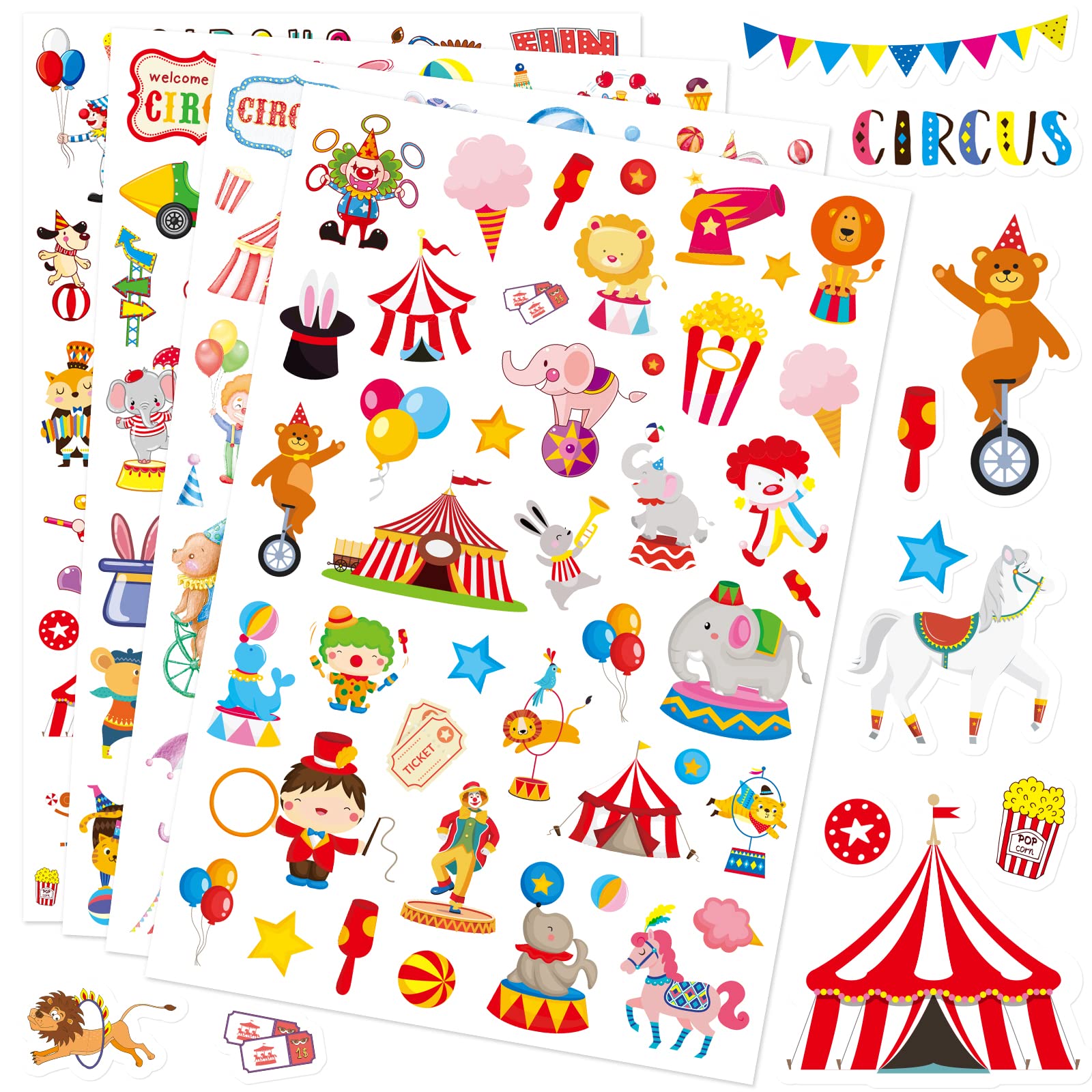 Cute Carnival Circus Stickers 820 Count Party Goodie Gifts Bags Decor Red White Elephant Clown Adhesive Stickers for Girls Boys Birthday Invitations Art Craft Decorations School Game Class Rewards