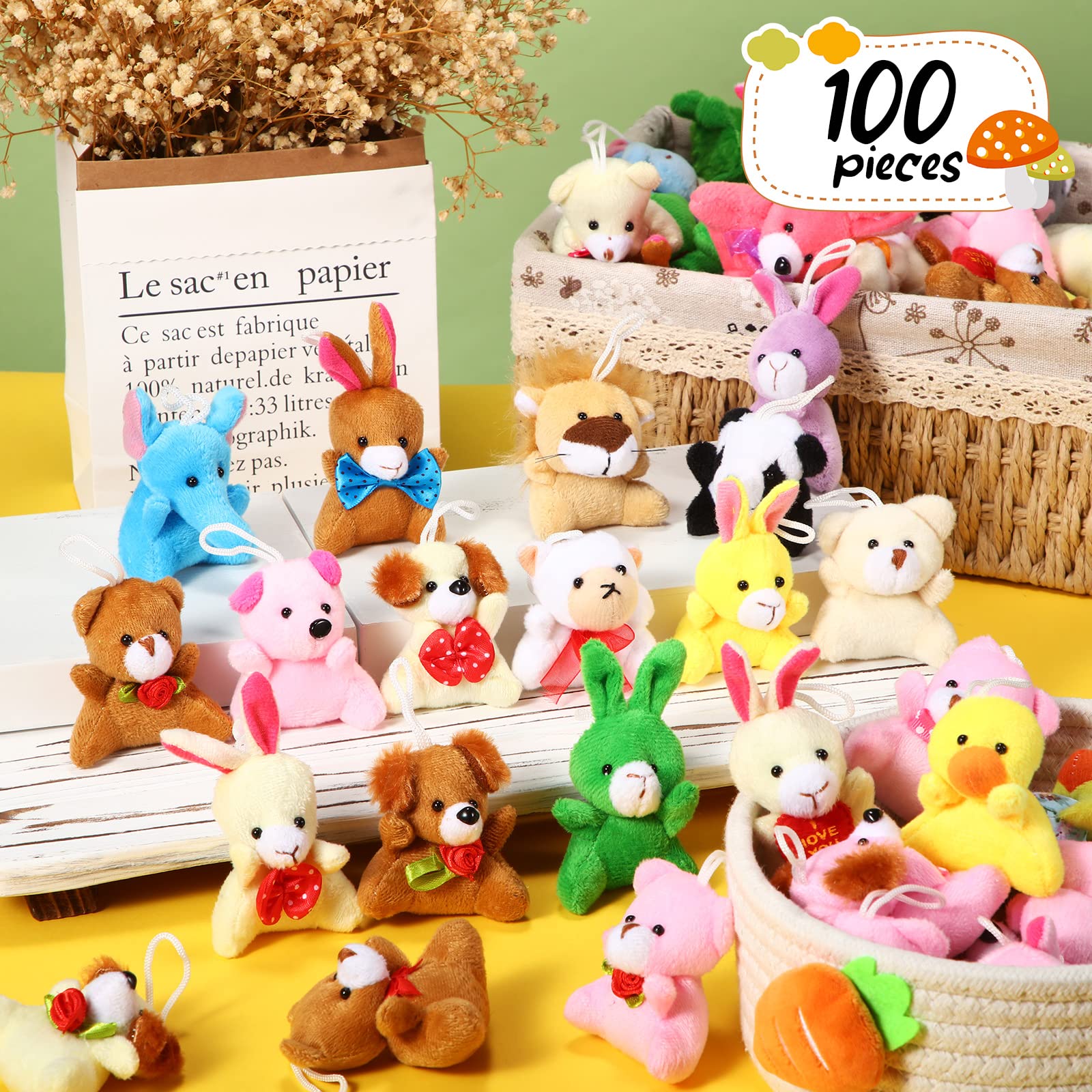 Zhanmai 100 Pcs Mini Plush Stuffed Animal Bulk Small Animal Toys Keychain Decoration Party Favors Easter Egg Stuffer for Kids Birthday Carnival Classroom Prizes Gift Goodie Bag Filler (Cute Style)